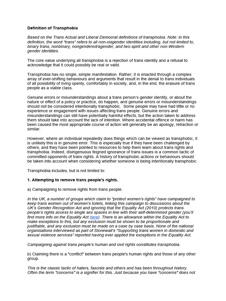 Definition of Transphobia | PDF | LGBTQIA+ Studies | Transgender