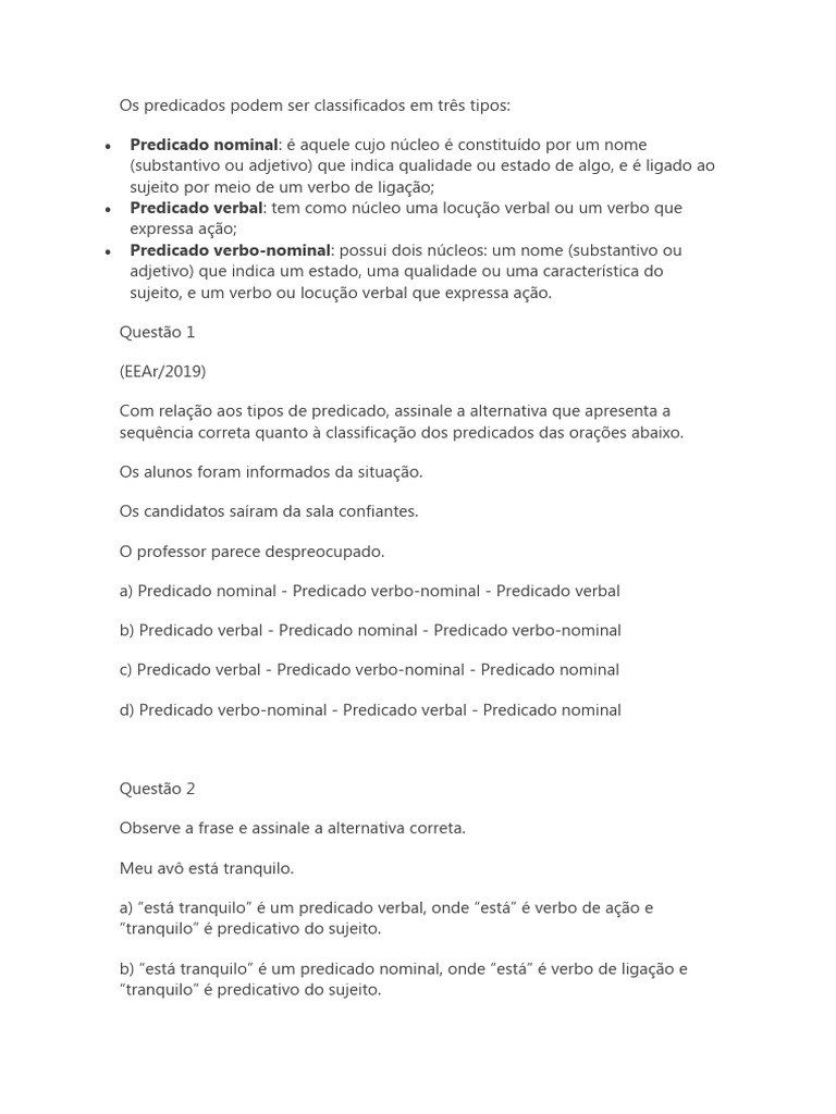 Os Predicados e Questões de Sujeito e Predicado | PDF | Predicado (gramática) | Assunto (gramática)