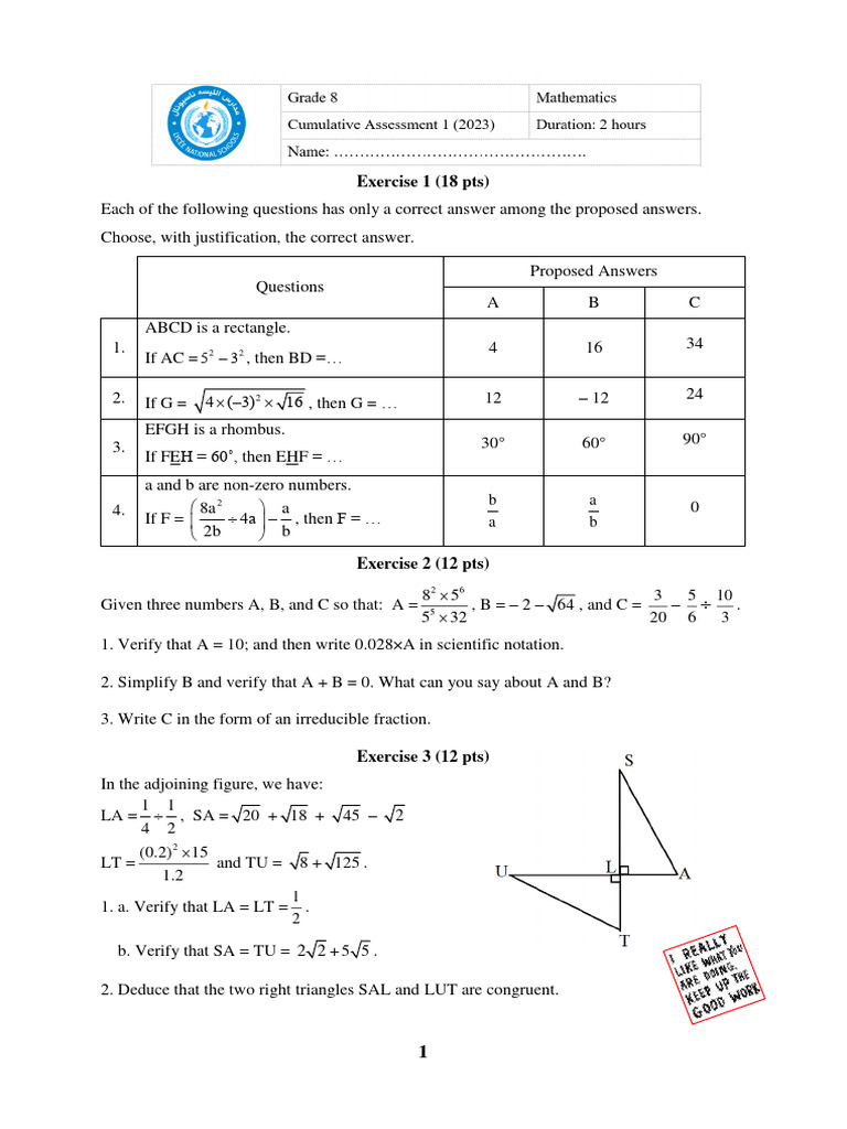 Grade 8 CA1 2023 | PDF | Rectangle | Euclidean Plane Geometry