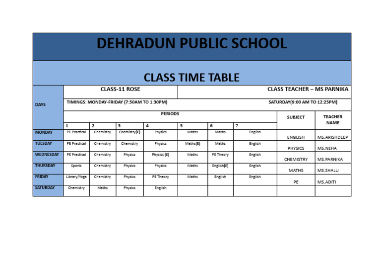 TimeTable 2024-25 Class XI ROSE | PDF