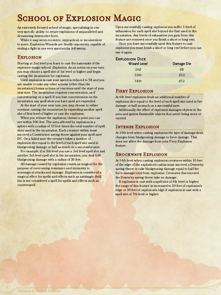 School of Explosion Magic A Wizard Subclass For D&D 5e | PDF