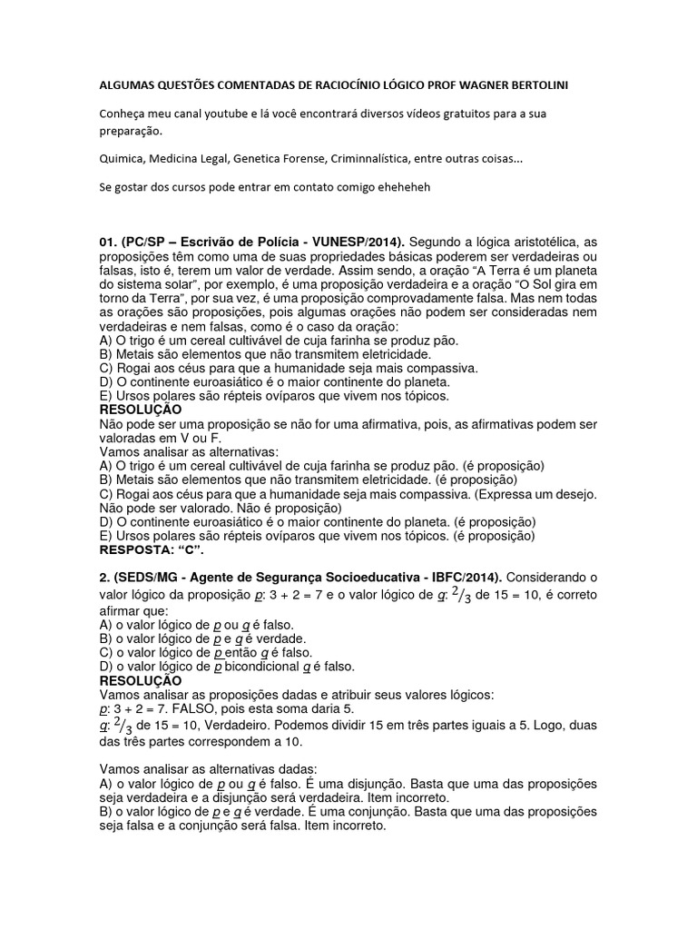 Questões de Raciocínio Lógico Comentadas | PDF | Proposição | Lógica ...