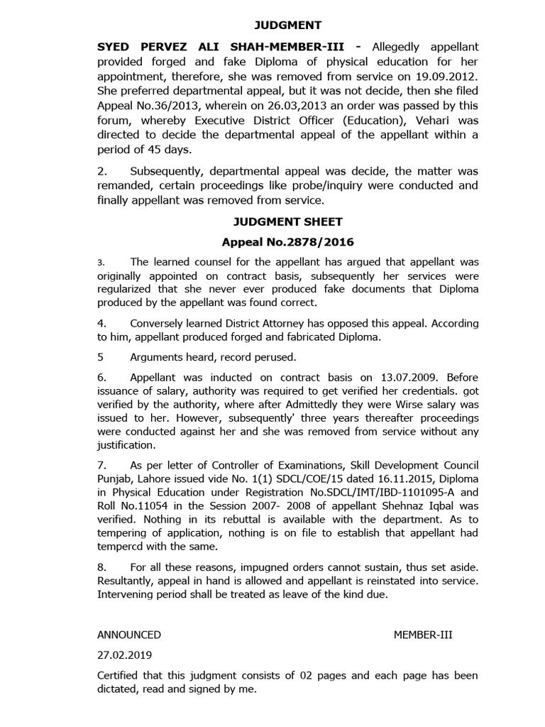 Reinstatement of Employee After Appeal | PDF | Appeal | Judgment (Law)