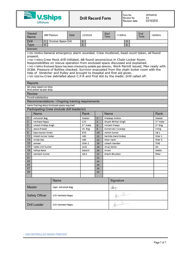 Enclosed Space Drill Record Form | PDF
