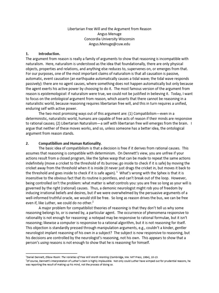 Menuge Libertarian Free Will and The Argument From Reason1 | PDF | Free ...