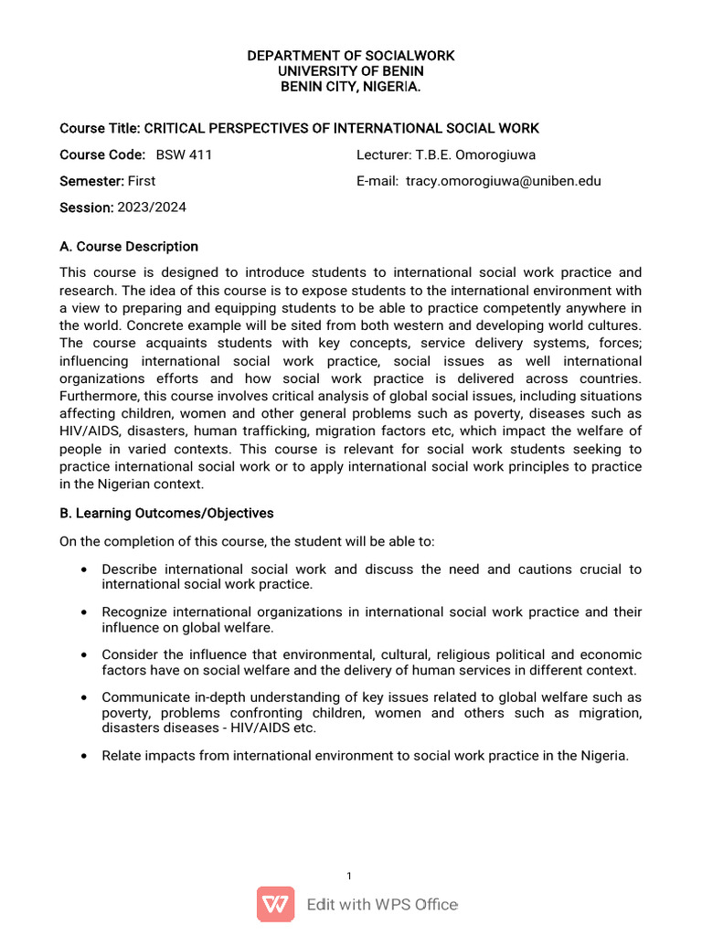 BSW 411 COURSE OUTLINE 2023-2024 | PDF | Social Work | Human Migration
