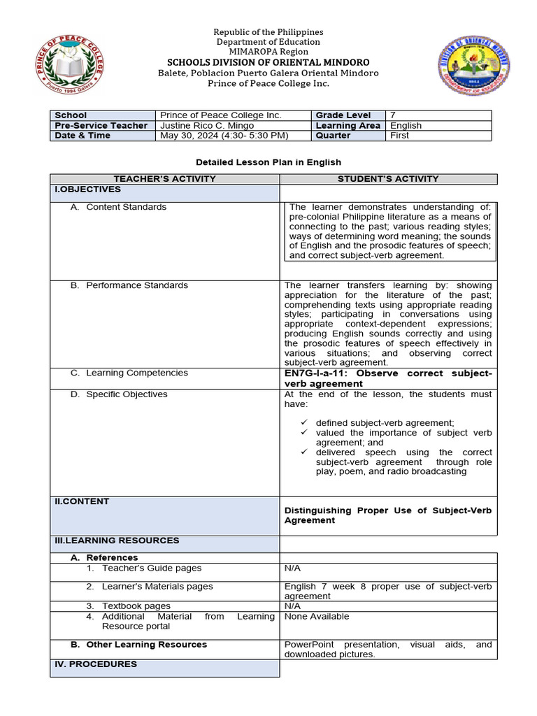Detailed Lesson Plan: Subject-Verb Agreement | PDF | Subject (Grammar ...