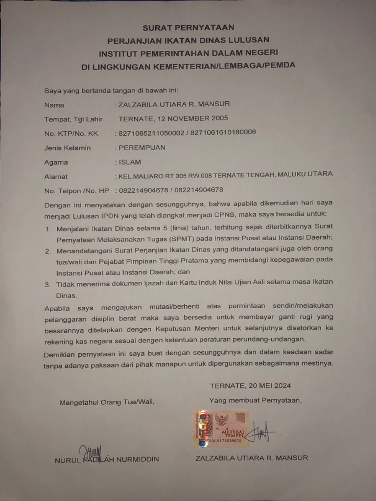 Surat Pernyataan Perjanjian Ikatan Dinas Pdf