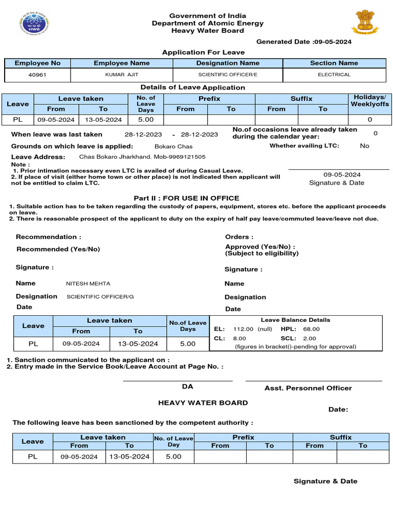 Leave Application for Scientific Officer | PDF