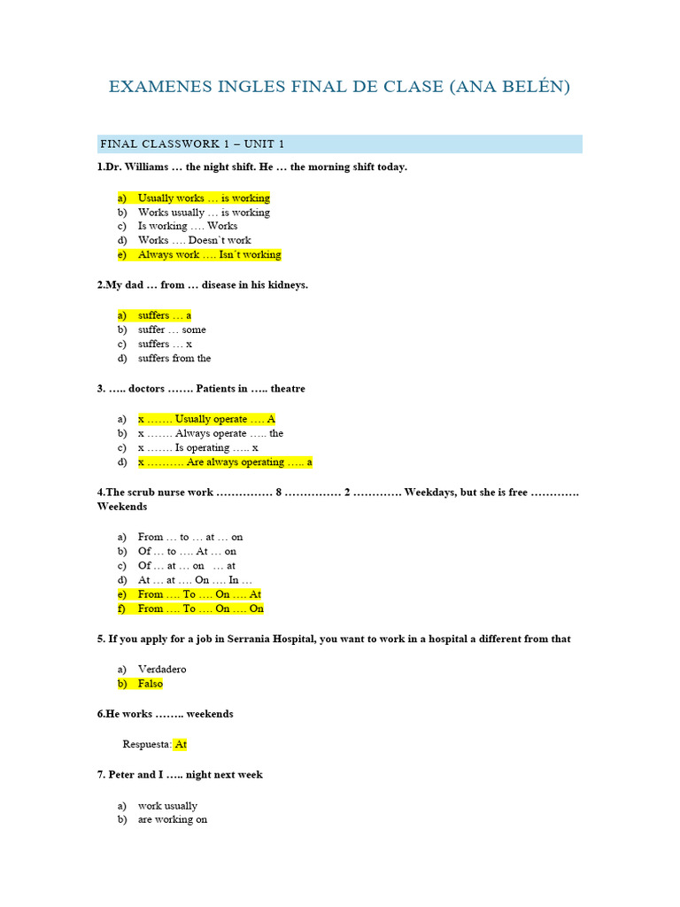 Examenes Ingles Final de Clase | PDF | Clinical Medicine | Causes Of Death