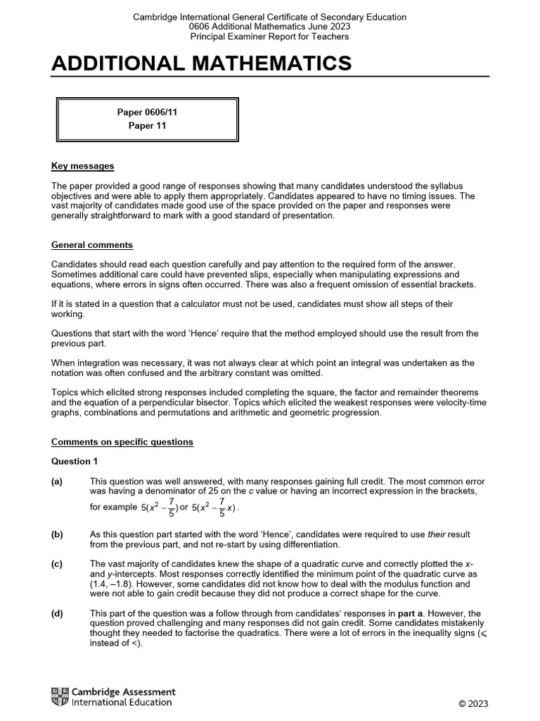 Additional Mathematics: Paper 0606/11 Paper 11 | PDF | Area | Quadratic ...