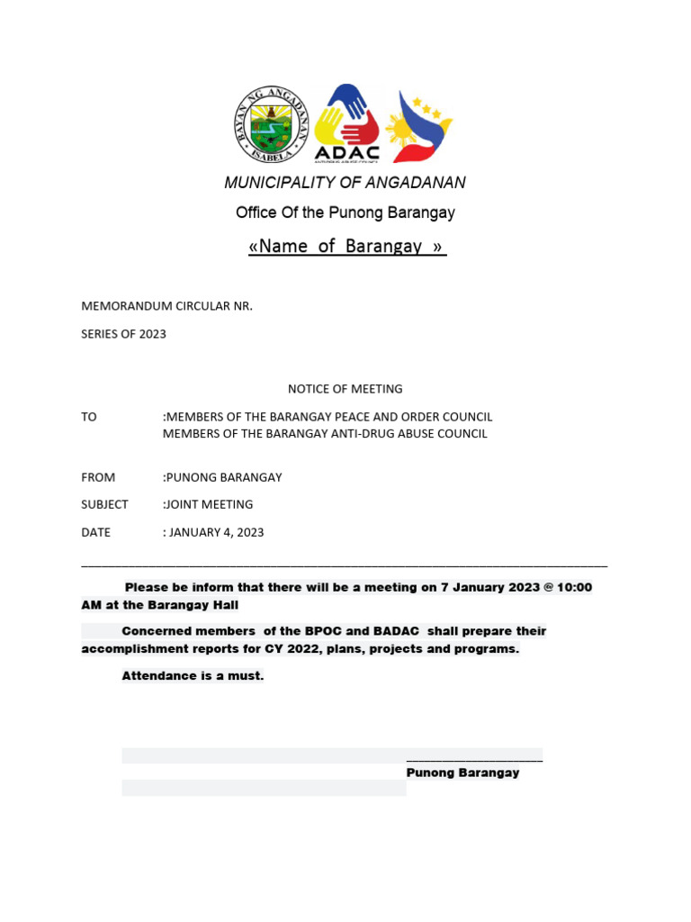 Angadanan Barangay Joint Meeting Notices | PDF