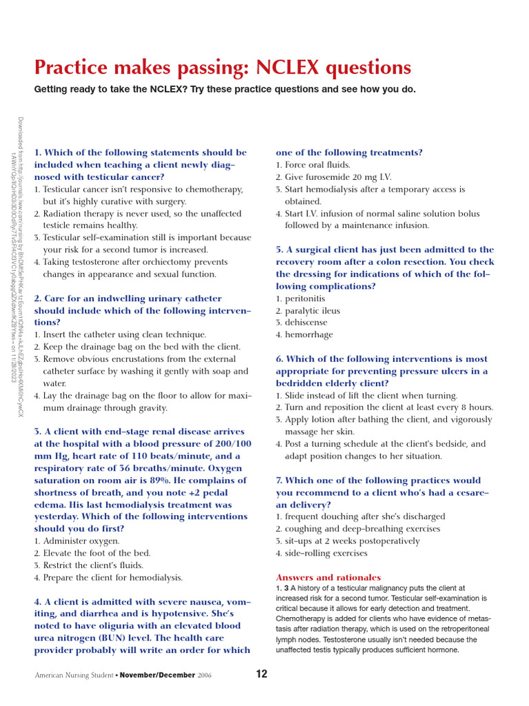 NCLEX Practice Questions and Answers | PDF | Intravenous Therapy ...