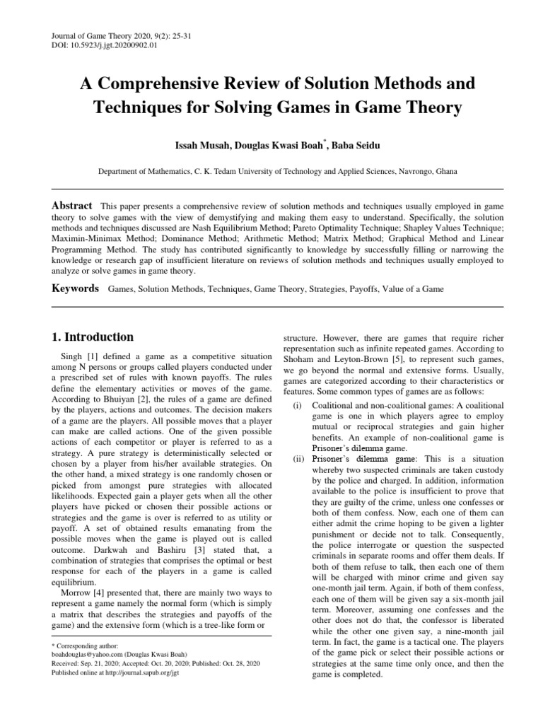 A Comprehensive Review of Solution Methods and Techniques For Solving Games in Game Theory | PDF ...