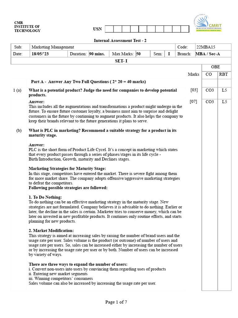 IAT-II Question Paper With Solution of 22MBA15 Marketing Management May-2022-M. Sandeep Kumar ...