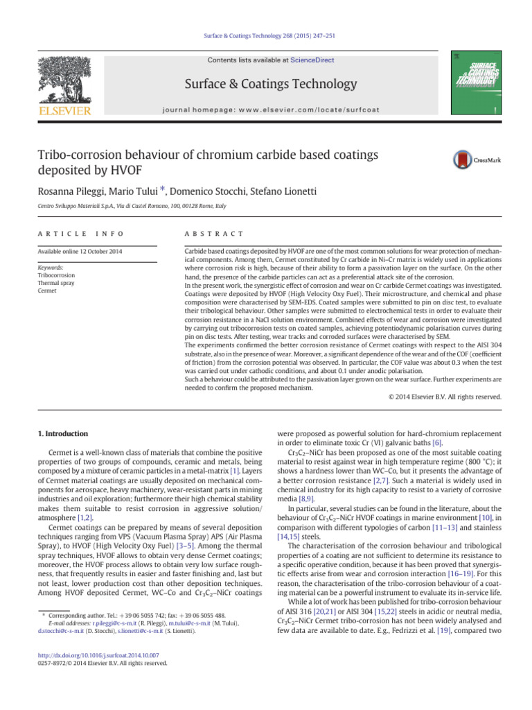 Tribo-Corrosion Behaviour of Chromium Carbide Based Coatings Deposited by HVOF | PDF | Corrosion ...