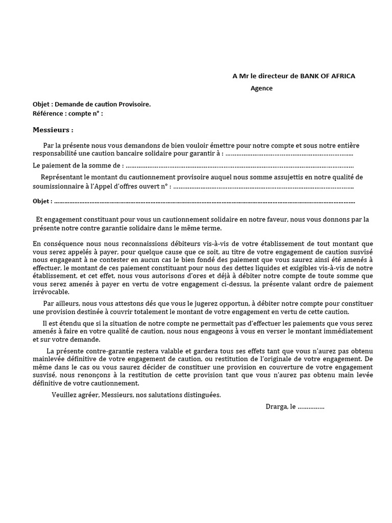 Demande CAUTION - PROVISOIRE | PDF | Cautionnement