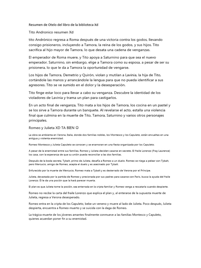 Resumen de Otelo Del Libro de La Biblioteca XD | PDF | OTELO | Romeo y Julieta