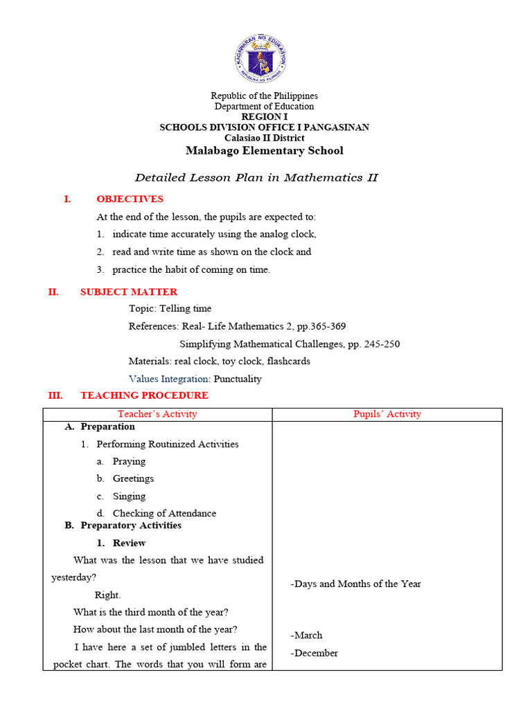 Detailed Lesson Plan: Telling Time in Grade 2 | PDF | Clock | Teachers