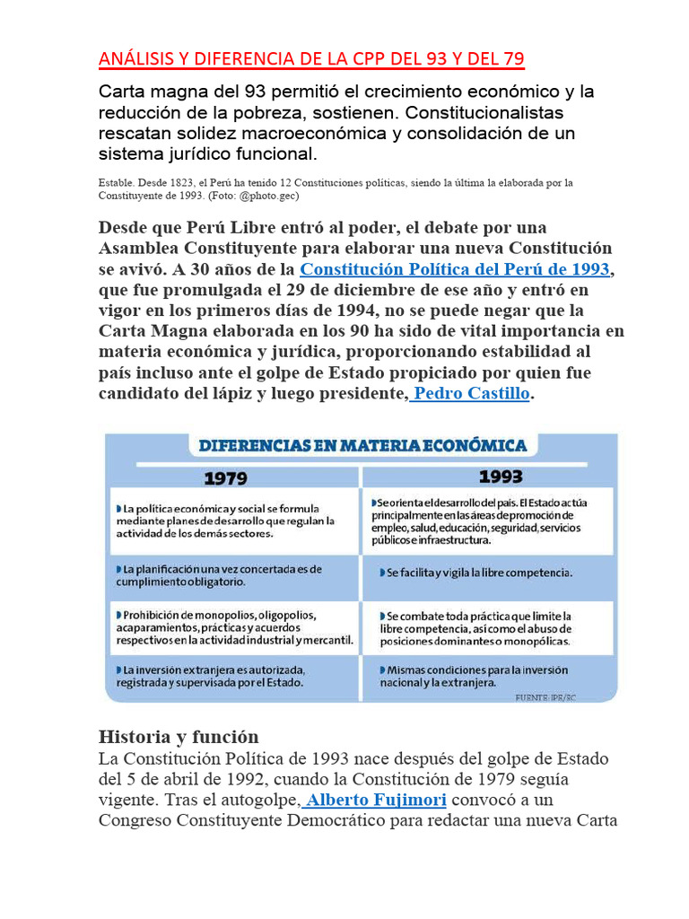 Análisis y Diferencia de La CPP Del 93 y Del 79 | PDF | Gobierno | Perú