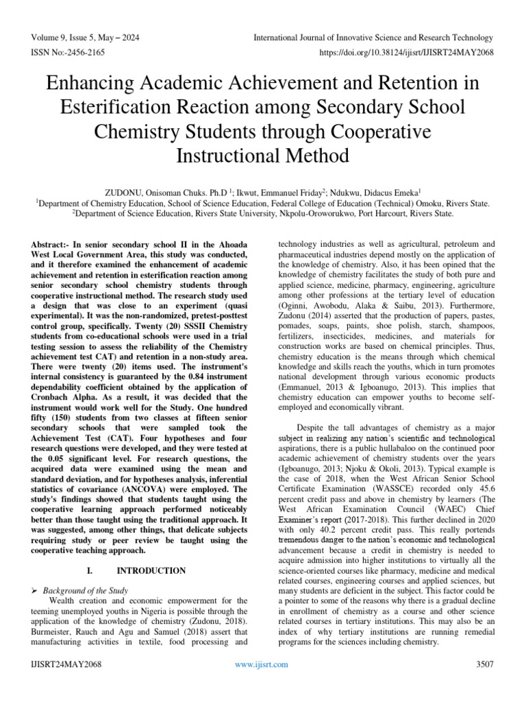 Enhancing Academic Achievement and Retention in Esterification Reaction ...