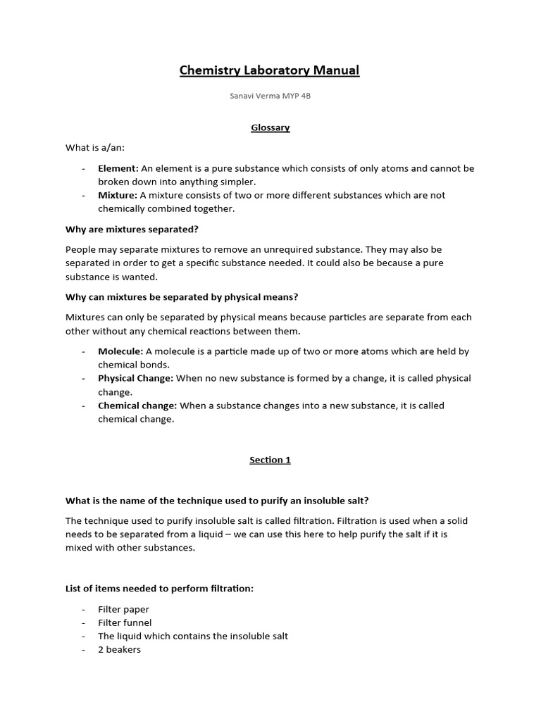 Chemistry Laboratory Manual | PDF | Chemical Substances | Filtration