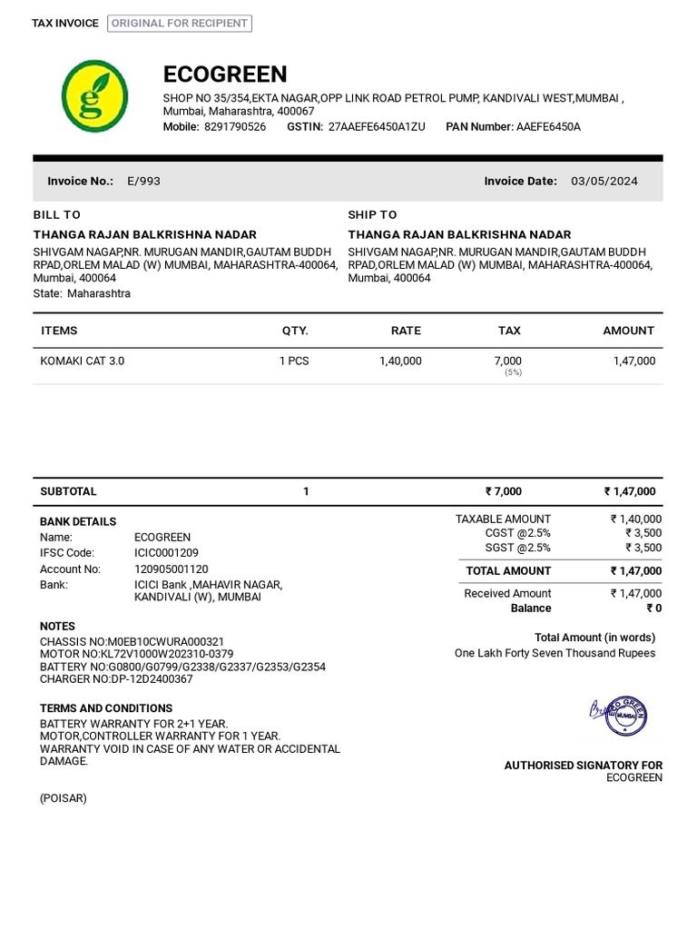 EcoGreen Tax Invoice for Komaki Cat 3.0 | PDF | Public Finance | Trade
