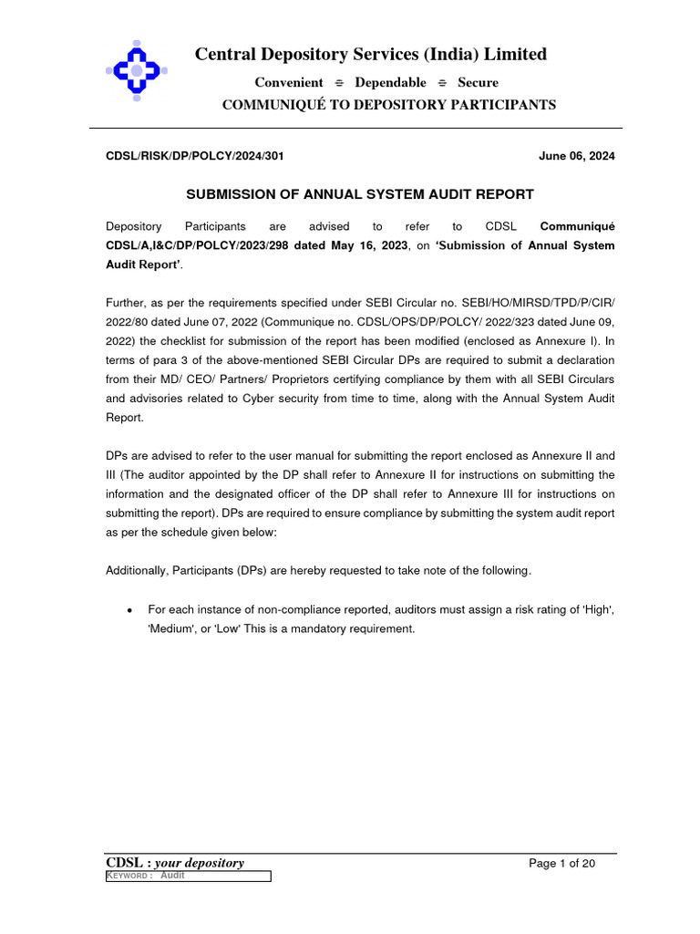 Communiques DP DP 301 Submission of Annual System Audit Report | PDF | Security | Computer Security