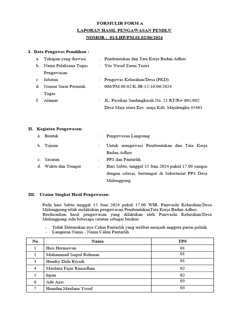 01 LHP Pembentukan Dan Tata Kerja Badan Adhoc Desa Malongpong | PDF