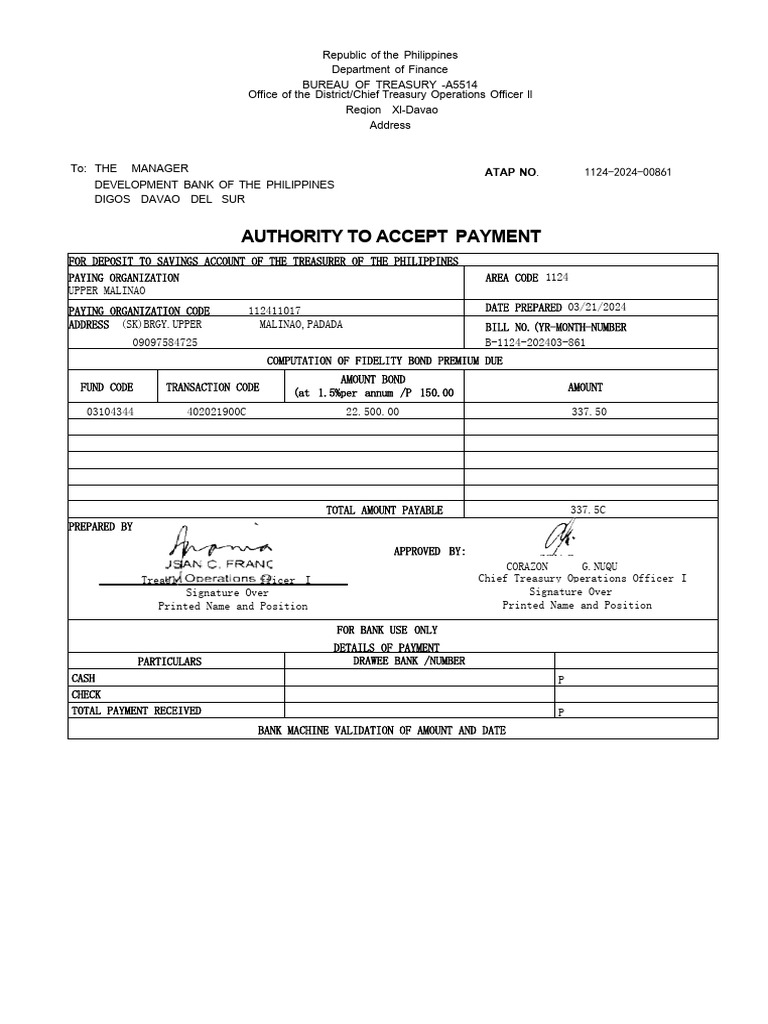 Atap 1124 2024 00861 SK Brgy. Upper Malinao Padada Tabacon | PDF | Banks | Service Industries