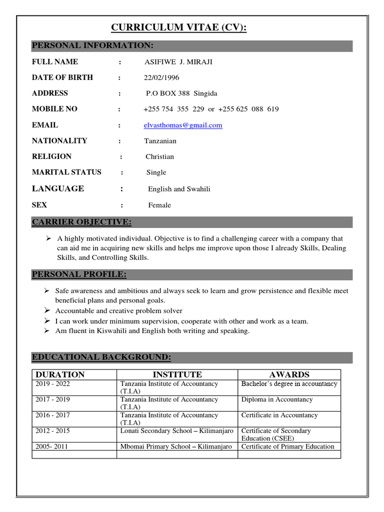 Asifiwe New Current CV | PDF | Tanzania | Accounting