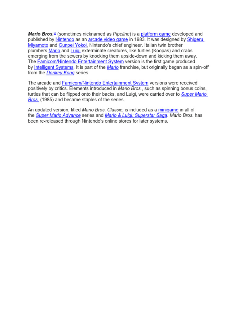 Mario Bros. Game Overview and History | PDF | Computers | Technology ...