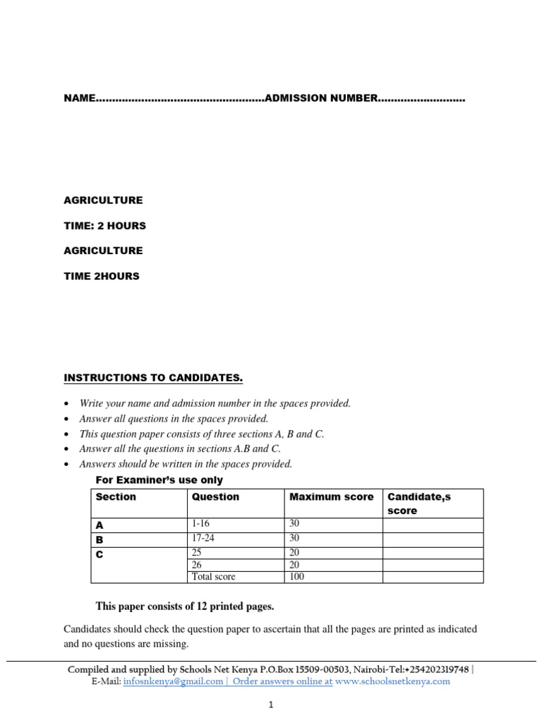 Agriculture Paper Form 2 Term 3 Exam 2018 | PDF | Soil | Agriculture