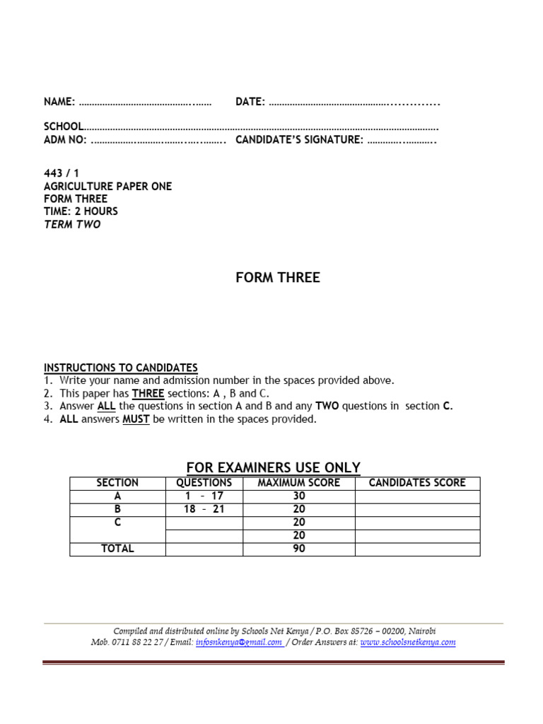 Agriculture Paper 1 Form 3 Term 2 Exam 2017 | PDF | Soil Science ...