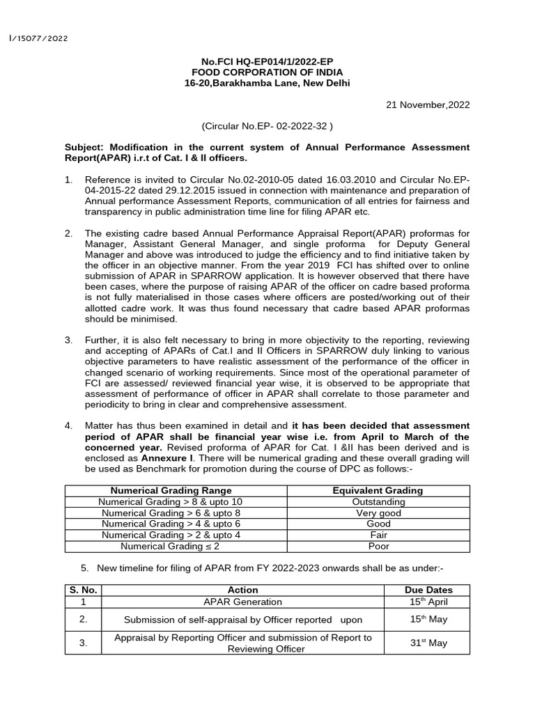 APAR Grading Cat I N II Circular | PDF