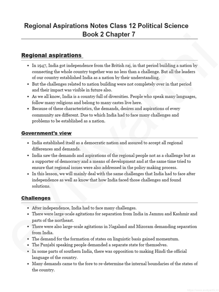 Notes Class 12 Political Science Book 2 Chapter 7 | PDF | Politics Of India
