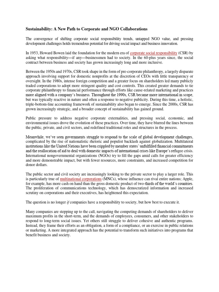 Lec 13 ASY Sustainability - A New Path To Corporate and NGO Collaborations | PDF | Corporate ...