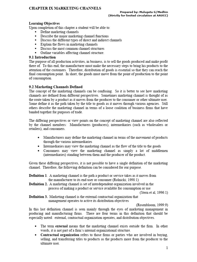 CHAPTER IX MARKETING CHANNELS Handout | PDF | Marketing | Sales