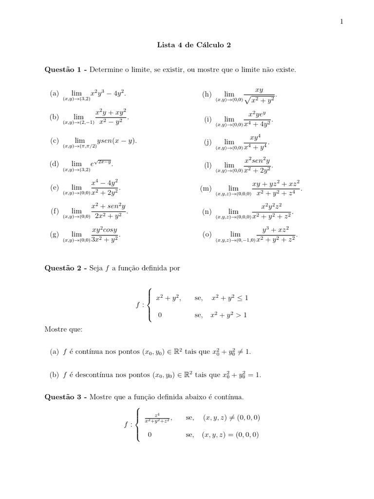 lista 4 de cálculo 2 | PDF