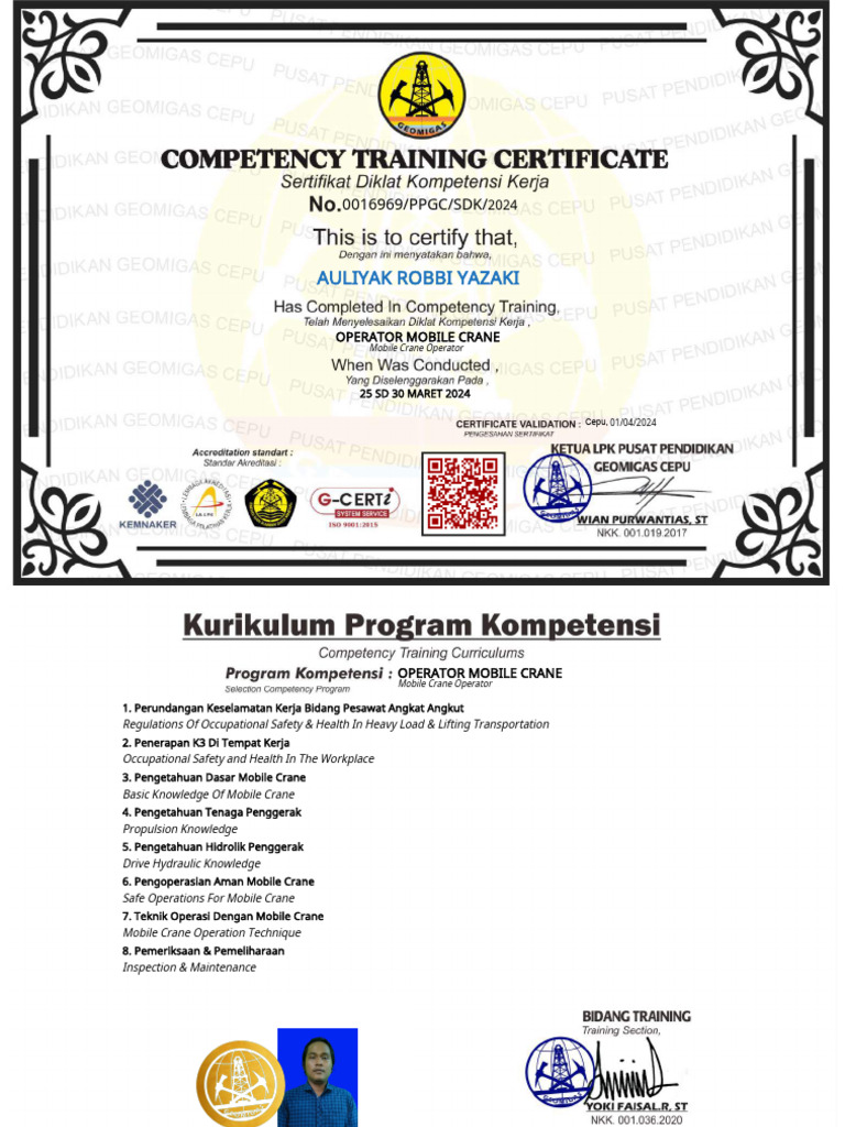 Sertifikat Diklat Kompetensi AULIYAK ROBBI YAZAKI | PDF