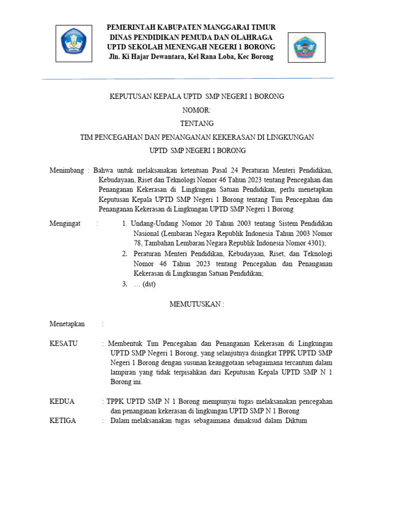 Lampiran 2 - Contoh SK Kepala Satuan Pendidikan Pembentukan TPPK | PDF | Kesehatan Holistik
