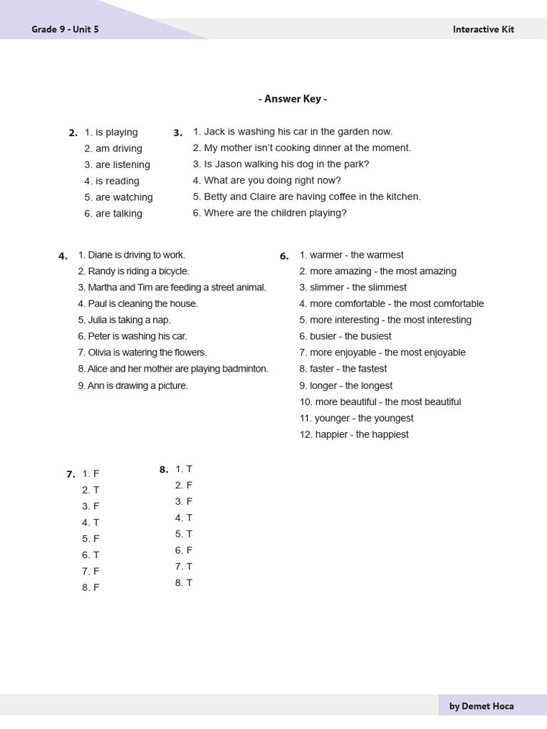 Grade 9 Unit 5 Answer Key Guide | PDF