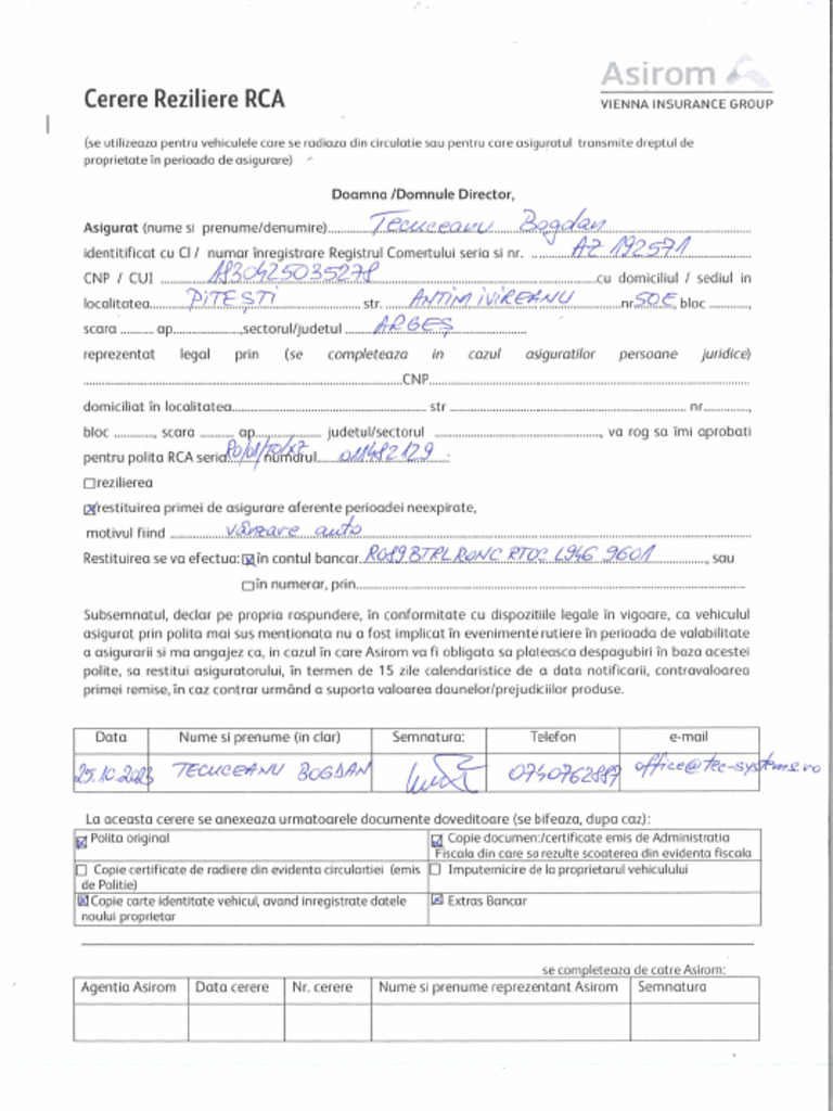 Cerere Asirom Restituire CV Polita Rca | PDF