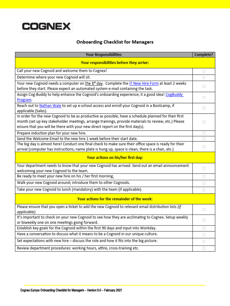 Onboarding Checklist For Managers - Europe - v6.0 - Feb 2021 | PDF | Computing