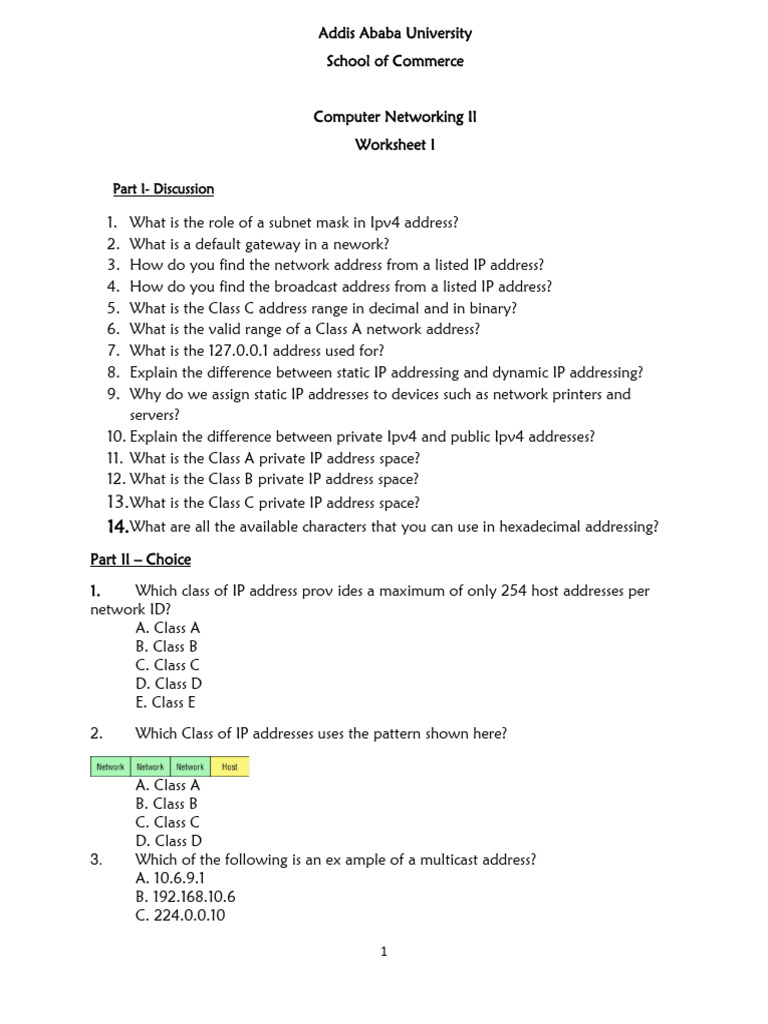 Worksheet I - Ip Addressing | PDF | Ip Address | Internet Protocols