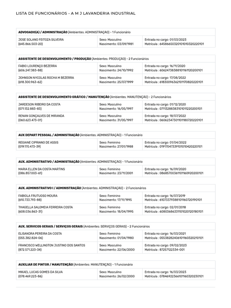 Lista de Funcionários | PDF