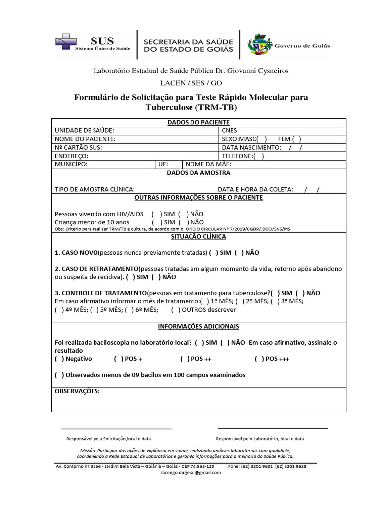 Formulário TRM-TB LACEN Goiás | PDF | Tuberculose | Especialidades médicas