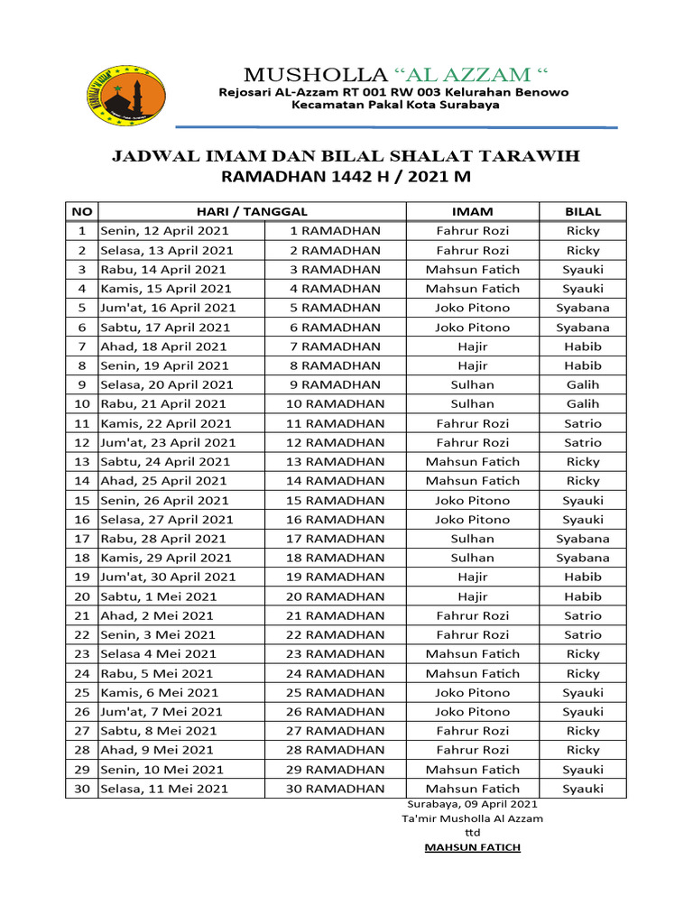 Jadwal Imam Dan Bilal Shalat Tarawih 2021 | PDF