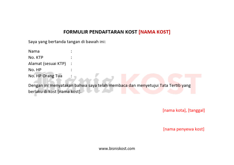 Contoh Formulir Pendaftaran Kost | PDF