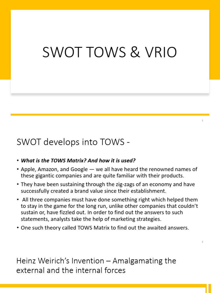 TOWS Matrix and VRIO Framework Explained | PDF | Swot Analysis | Economies